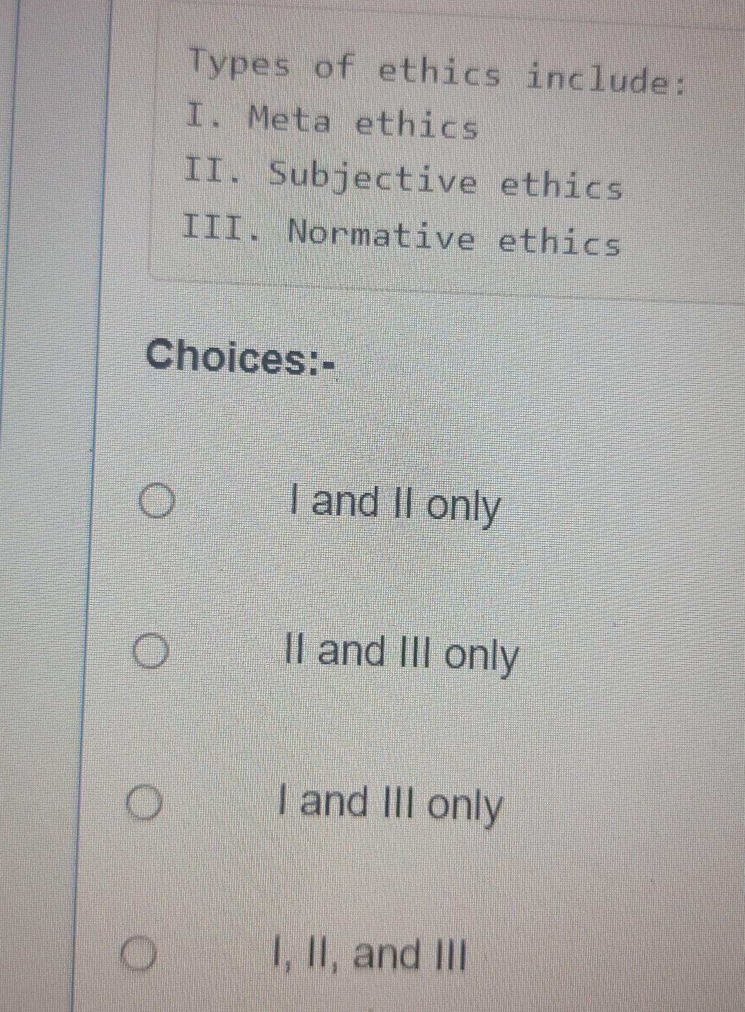 Solved Types of ethics include: I. Meta ethics II. | Chegg.com