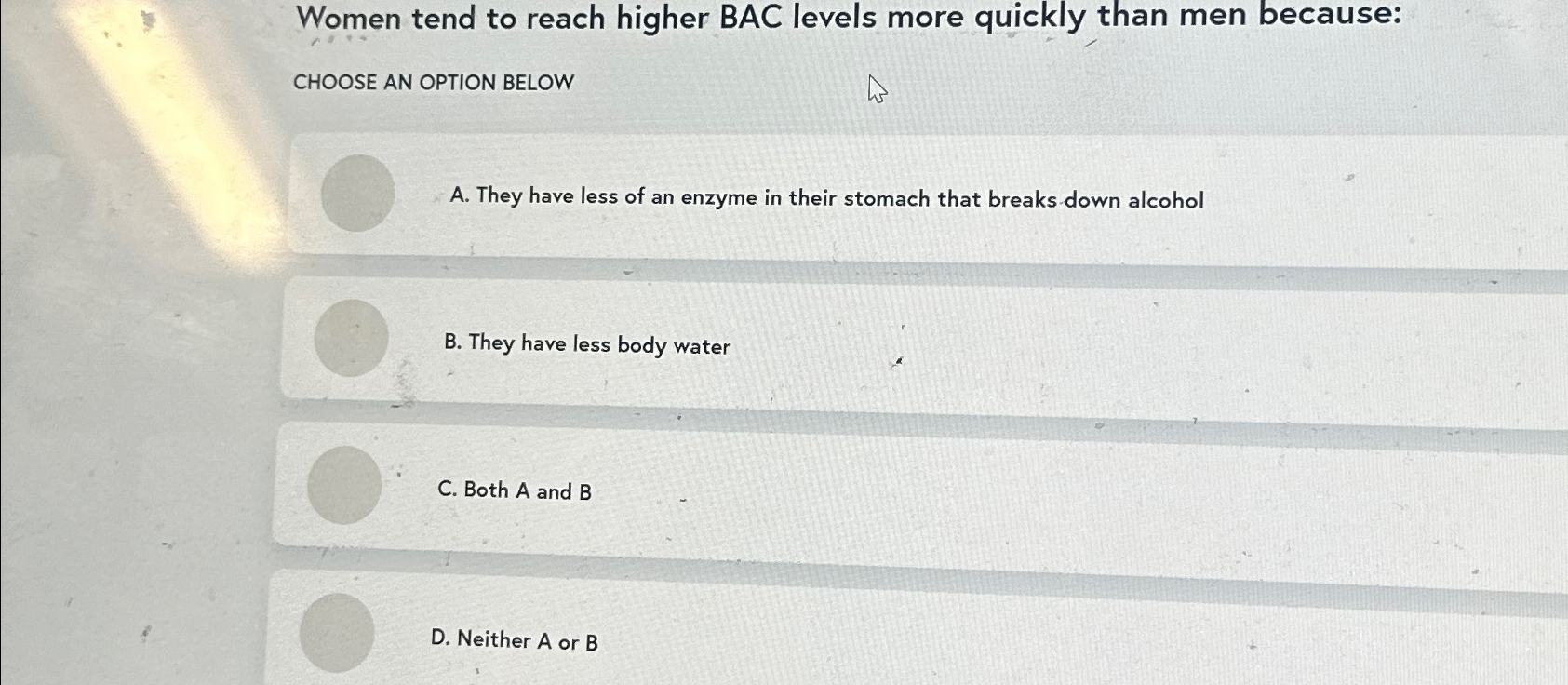 Solved Women tend to reach higher BAC levels more quickly | Chegg.com