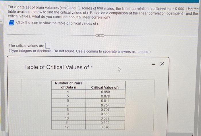 Solved For a data set of brain volumes (cm3) and IQ scores | Chegg.com