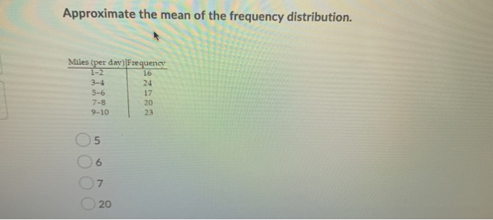 Solved Approximate the mean of the frequency distribution | Chegg.com