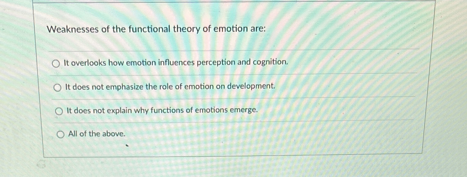 Solved Weaknesses of the functional theory of emotion are:It | Chegg.com
