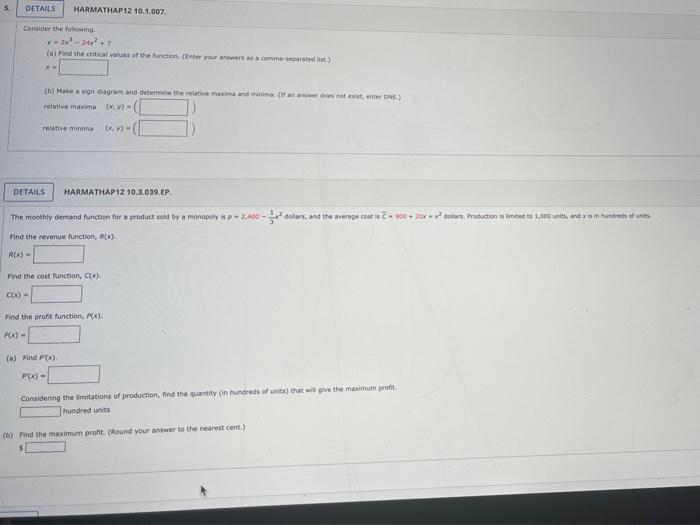 Solved 5. DETAILS HARMATHAP12 10.1.007. Consider the | Chegg.com