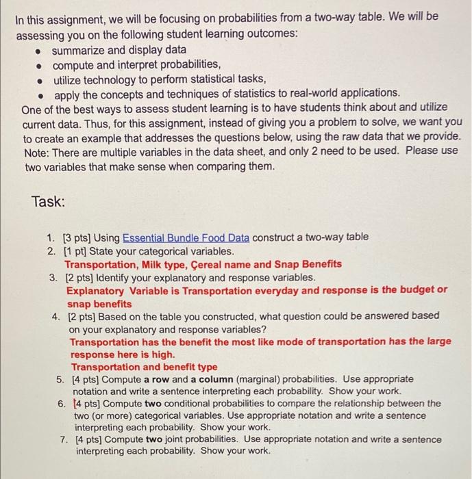 Solved this assignment, we will be focusing on probabilities | Chegg.com