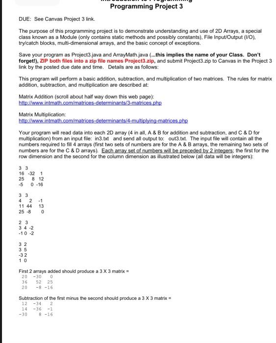 Solved Programming Project 3 DUE: See Canvas Project 3 link. | Chegg.com