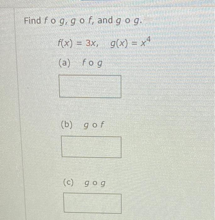 Solved Find fog, go f, and gog. f(x) = 3x, g(x) = x4 (a) fog | Chegg.com