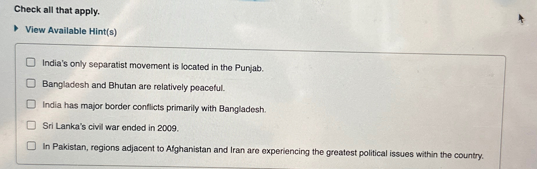 Solved Check all that apply.View Available Hint(s)India's | Chegg.com