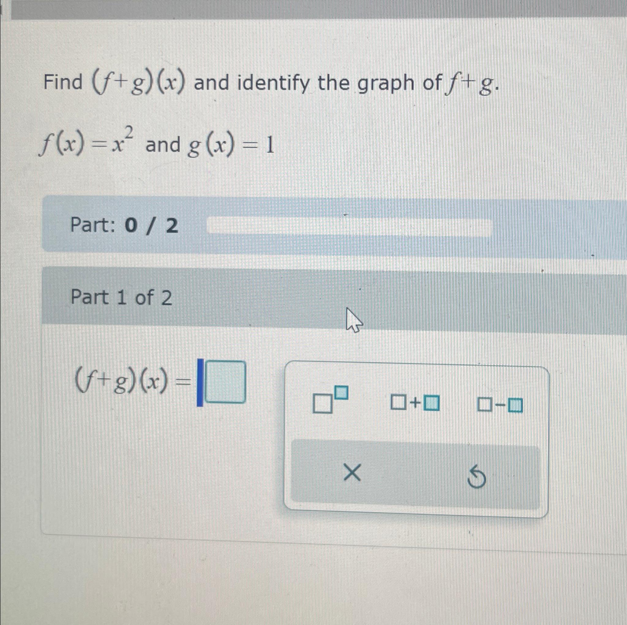 Solved Find (f+g)(x) ﻿and identify the graph of f+g.f(x)=x2 | Chegg.com