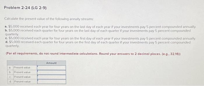 Solved Problem 2-24 (LG 2-9) Calculate the present value of | Chegg.com