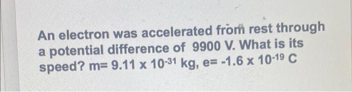Solved An electron was accelerated from rest through a | Chegg.com