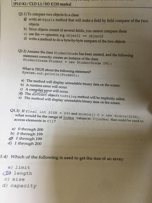 [PLO K1/CLO 1.1/SO 1] [10 marks] Q1.1) To compare two | Chegg.com