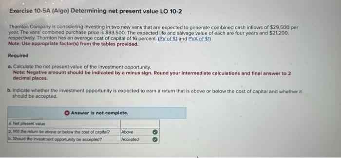 Solved Exercise 10-5A (Algo) Determining net present value | Chegg.com
