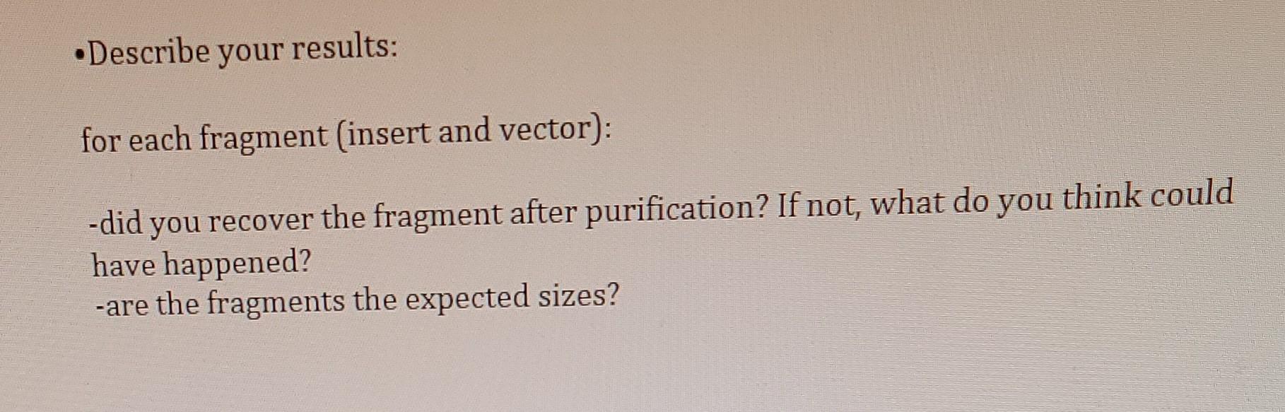 Solved - Describe your results: for each fragment (insert | Chegg.com