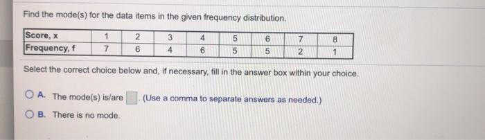 Solved Find the mode(s) for the data items in the given | Chegg.com