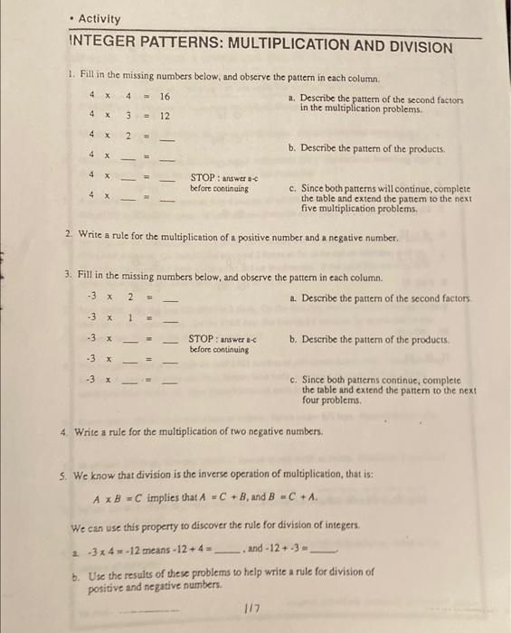 Solved INTEGER PATTERNS: MULTIPLICATION AND DIVISION 1. Fill | Chegg.com