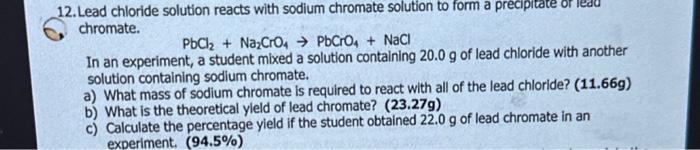 Solved 12. Lead chloride solution reacts with sodium | Chegg.com