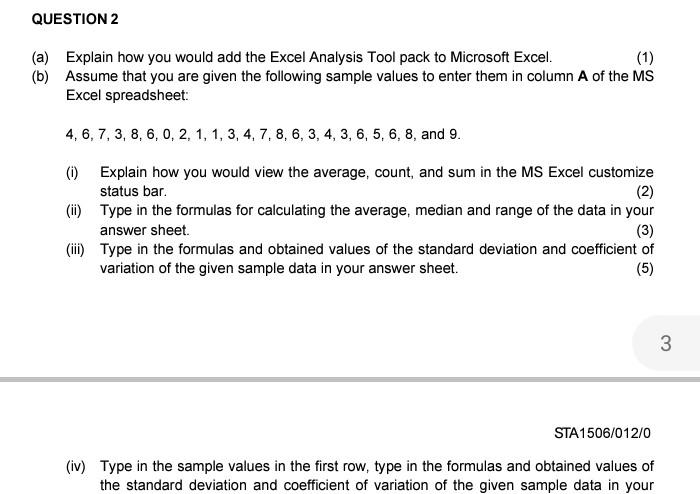 Solved (a) Explain how you would add the Excel Analysis Tool | Chegg.com