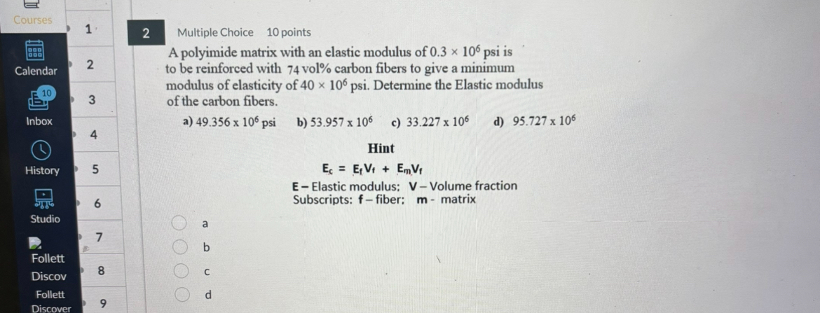 Solved 2 ﻿Multiple Choice 10 ﻿pointsA polyimide matrix with | Chegg.com