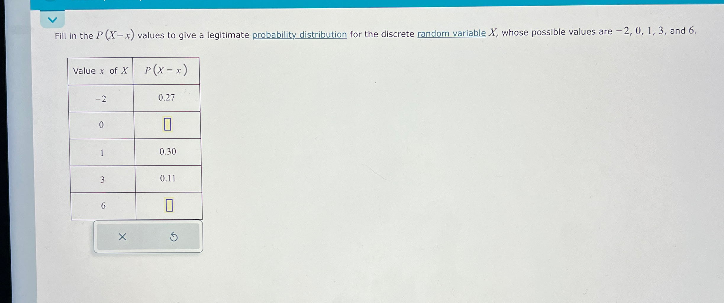 Solved Fill in the P(x=x) ﻿values to give a legitimate | Chegg.com