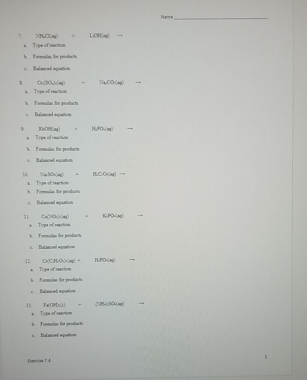 Solved X7.4 - Predicting Reaction Products Name Directions: | Chegg.com