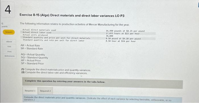 Solved Exercise 8-15 (Algo) Direct materials and direct | Chegg.com