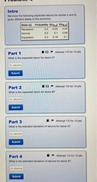 Solved Intro We know the following expected returns for | Chegg.com