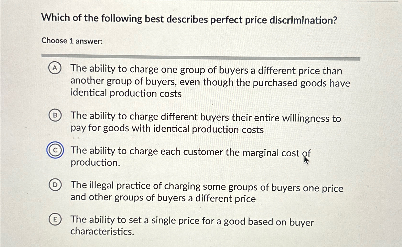 Solved Which of the following best describes perfect price | Chegg.com