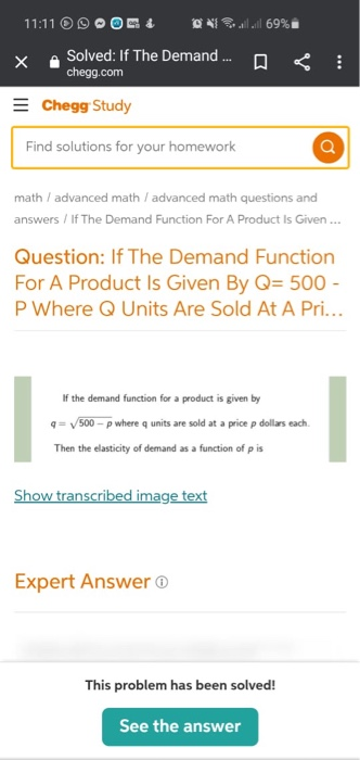 Solved 11:11 BUS...il 69% X Solved: If The Demand... D | Chegg.com