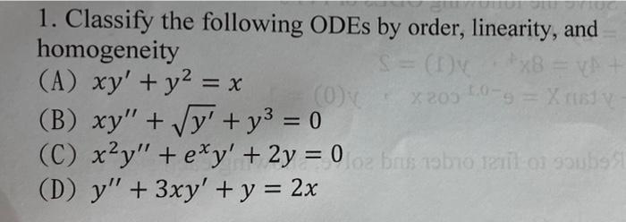 Solved 1. Classify the following ODEs by order, linearity, | Chegg.com