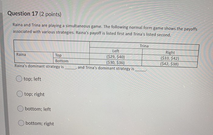 Solved Question 17 (2 points) Raina and Trina are playing a | Chegg.com