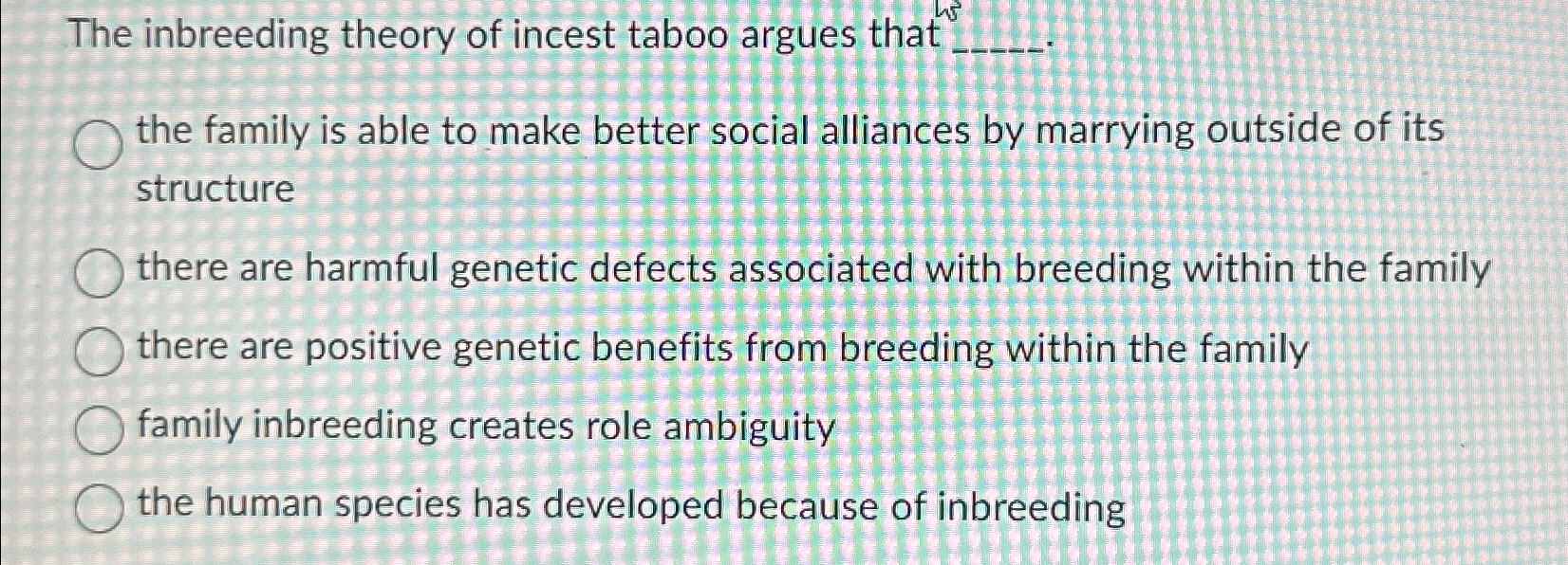 Solved The Inbreeding Theory Of Incest Taboo Argues Thatthe