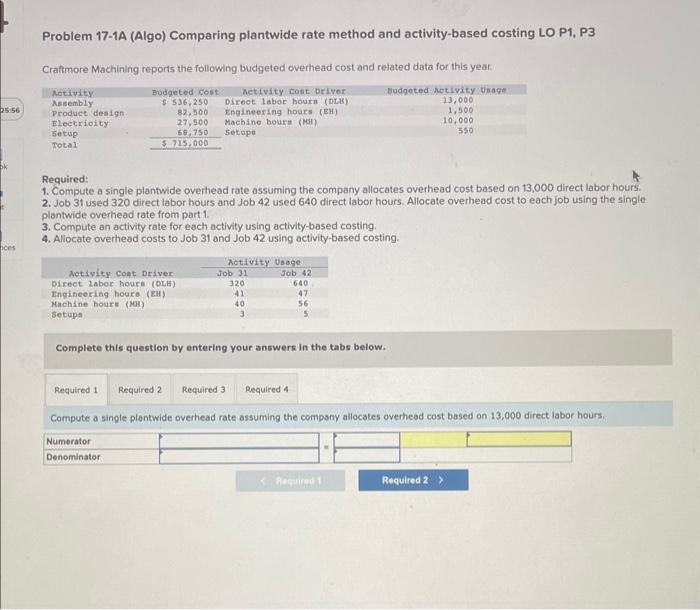 Solved Problem 17-1A (Algo) Comparing plantwide rate method | Chegg.com