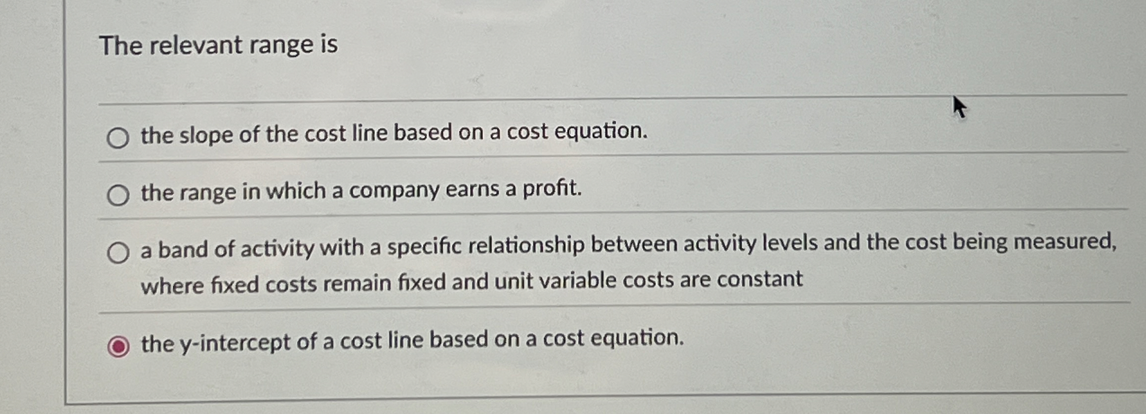 Solved The relevant range isthe slope of the cost line based | Chegg.com