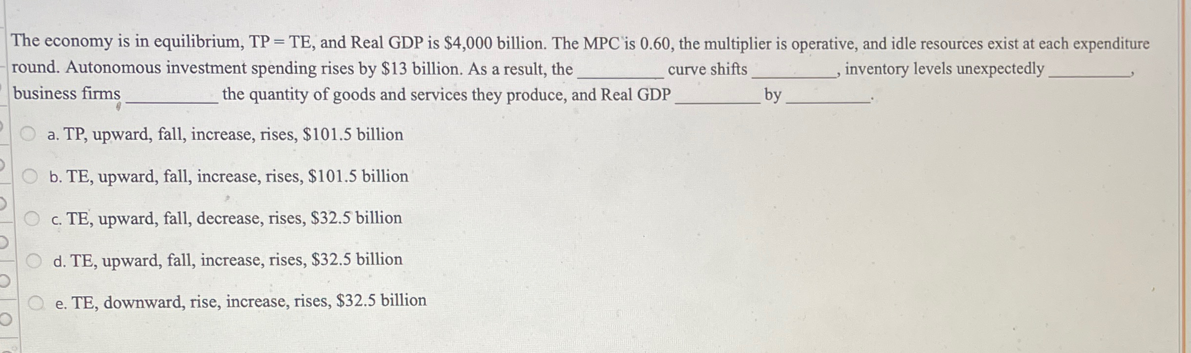 Solved The economy is in equilibrium, TP=TE, ﻿and Real GDP | Chegg.com