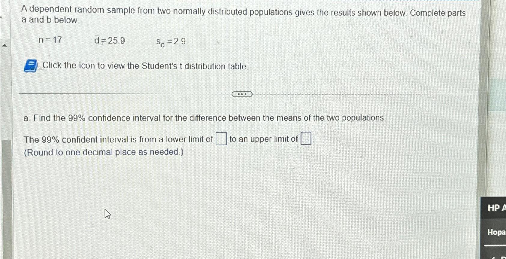 Solved A dependent random sample from two normally | Chegg.com