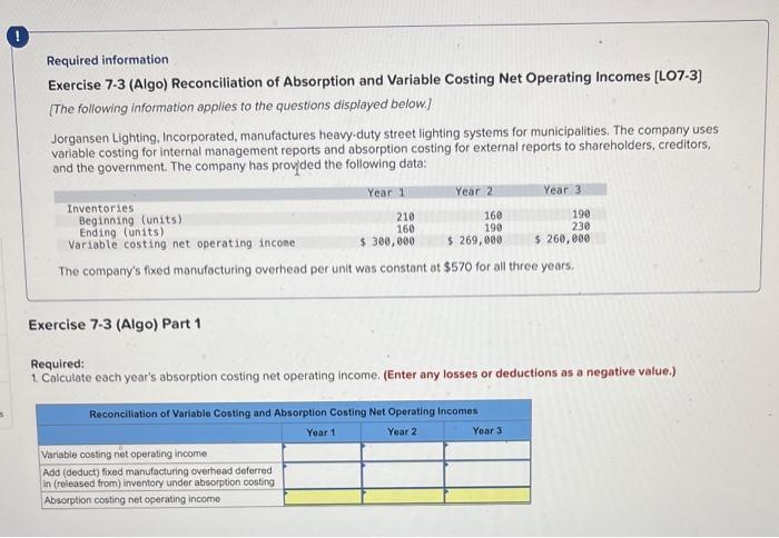 Solved Required information Exercise 7-3 (Algo) | Chegg.com