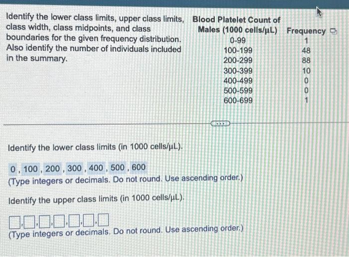 Solved Identify the lower class limits, upper class limits, | Chegg.com