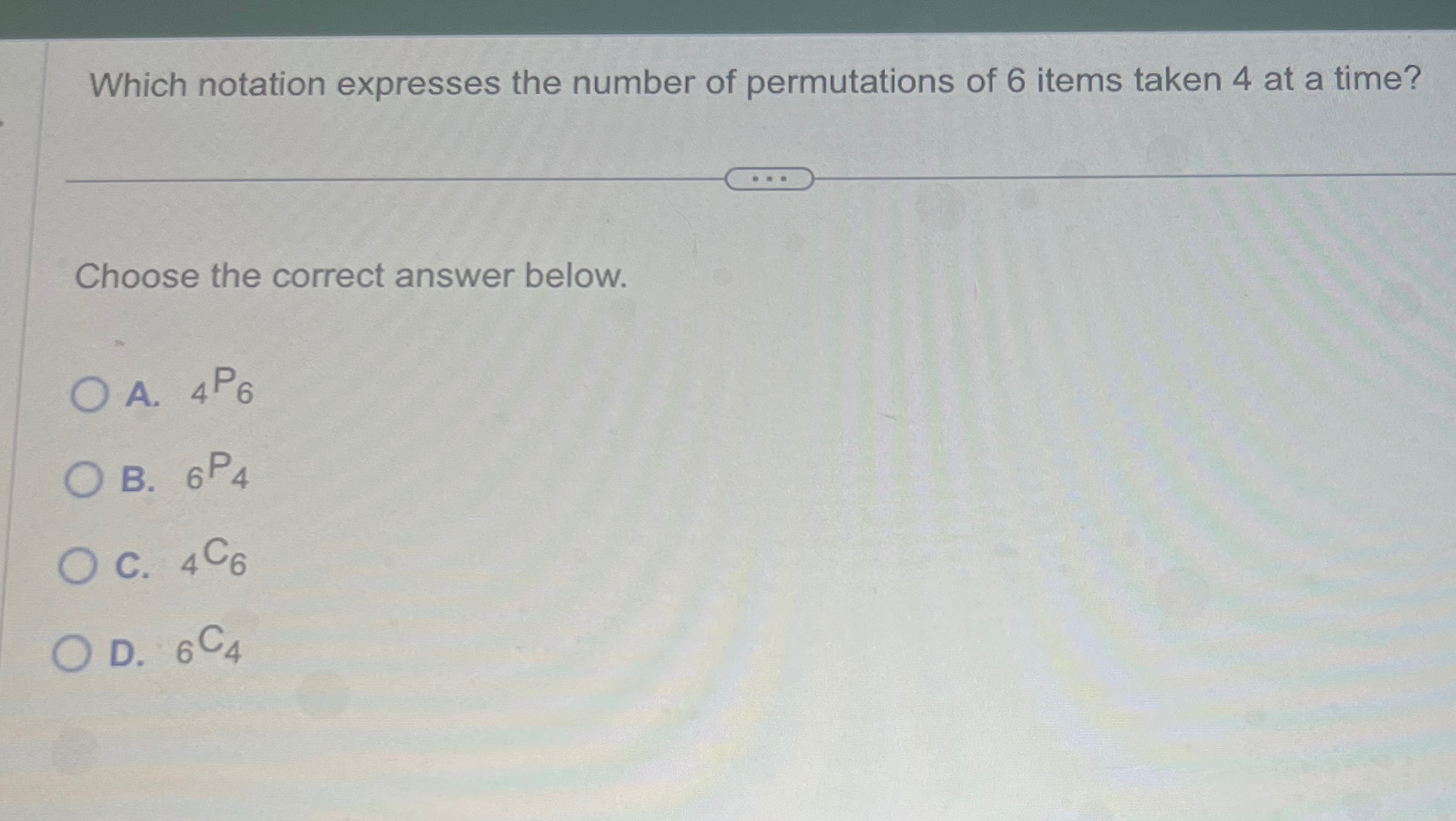 Solved Which notation expresses the number of permutations | Chegg.com