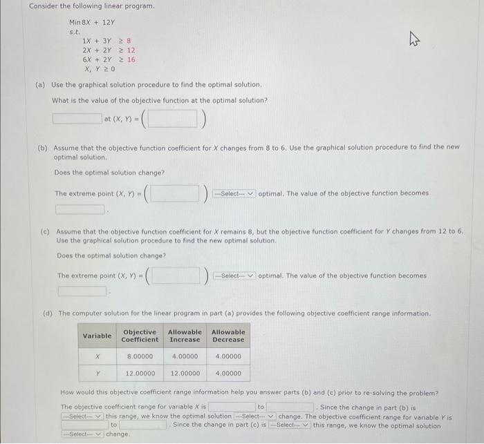 Solved Consider the following linear program. Min 8X+12Y | Chegg.com