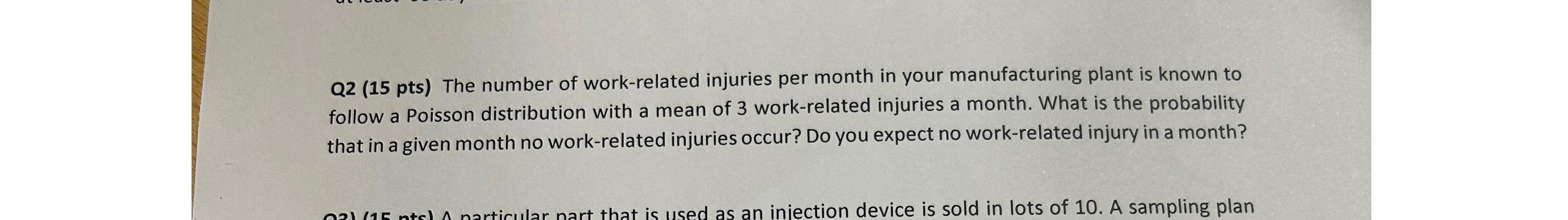 Solved Q2 (15 ﻿pts) ﻿The number of work-related injuries per | Chegg.com