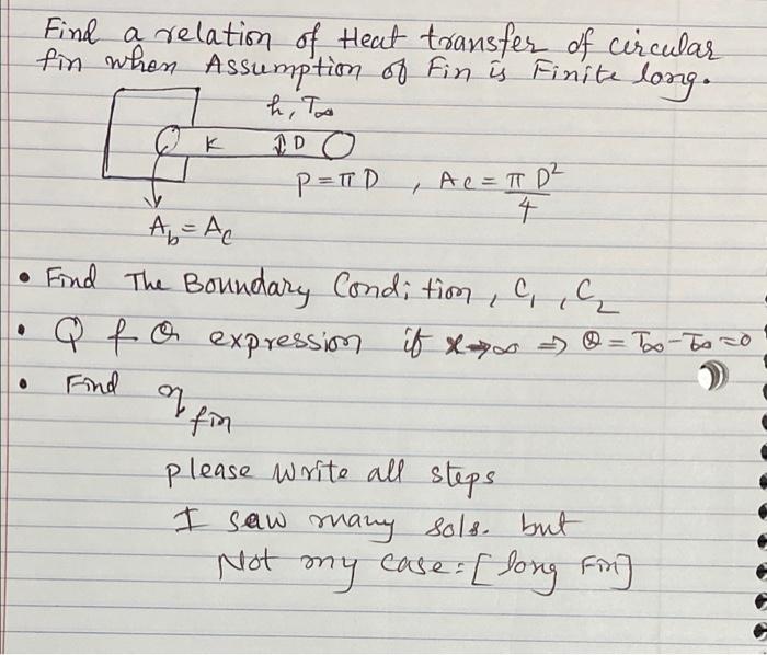 Solved find boundary conds. , fin efficincy please full | Chegg.com