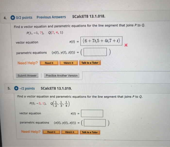 Solved SCalcET8 13.1.018. 0/2 points Previous Answers 4. | Chegg.com