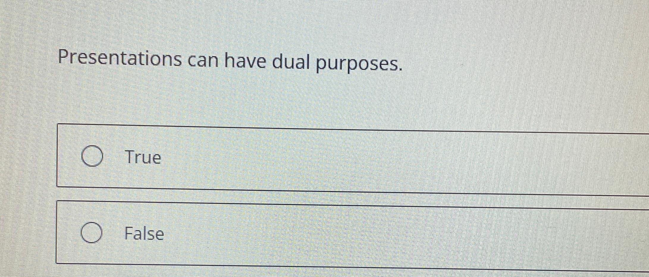 Solved Presentations can have dual purposes.TrueFalse | Chegg.com