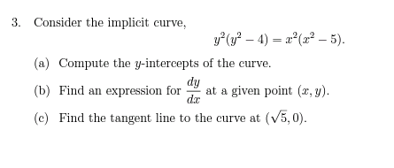Solved Consider the implicit curve, y2(y2−4)=x2(x2−5) (a) | Chegg.com