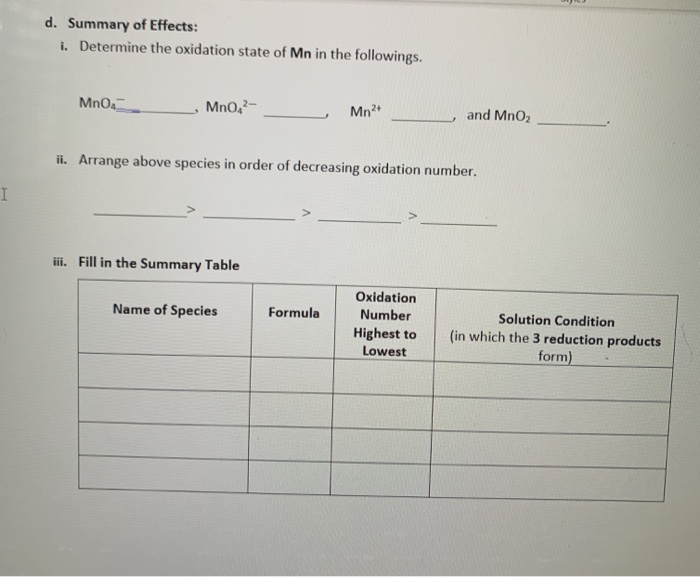 Solved 4 Effect Of Conditions On Reduction Of Permanganate