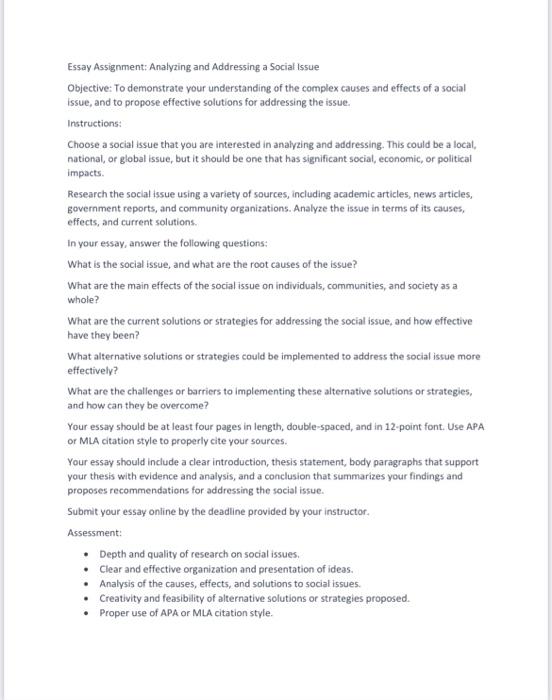 Essay Assignment: Analyzing and Addressing a Social | Chegg.com