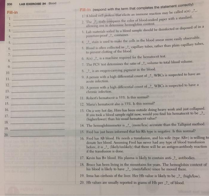 336 LAB EXERCISE 34 Blood Fill-in 1. 3. 4 5. 6. 7. 8. | Chegg.com