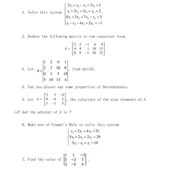 Solved 2x + ; -1, + 3x = 1 1. Solve this system 4+2x+3x + x, | Chegg.com