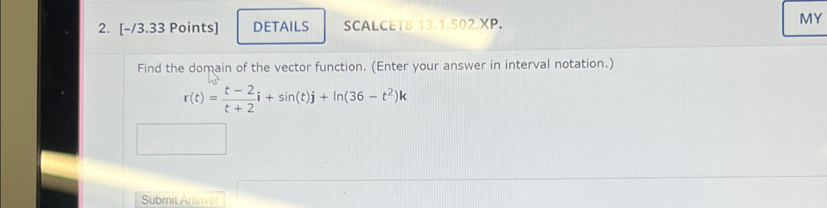 Solved Points]SCALCET8 13.1.502.XP.Find the domain of the | Chegg.com