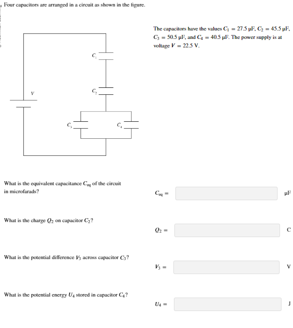 Solved Four capacitors are arranged in a circuit as shown in | Chegg.com