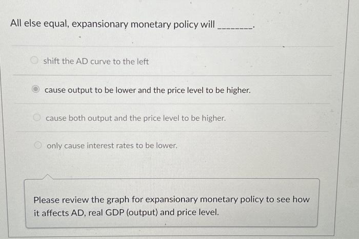 Solved All else equal, expansionary monetary policy will | Chegg.com